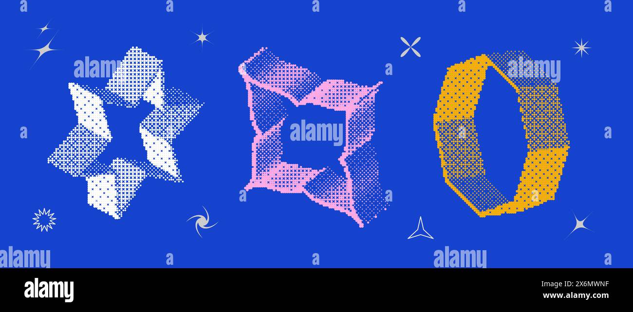 Bitmap textured shape set. Dither halftone objects collection. Colorful 3d flower, star, octagon ...