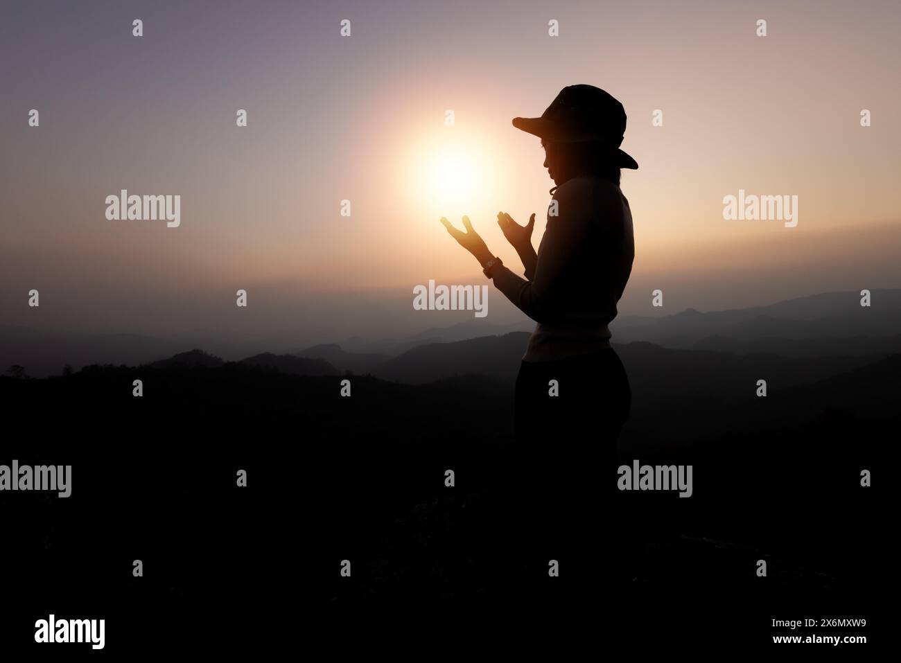 Person hands open palm up worship. Silhouette of prayer woman worship ...