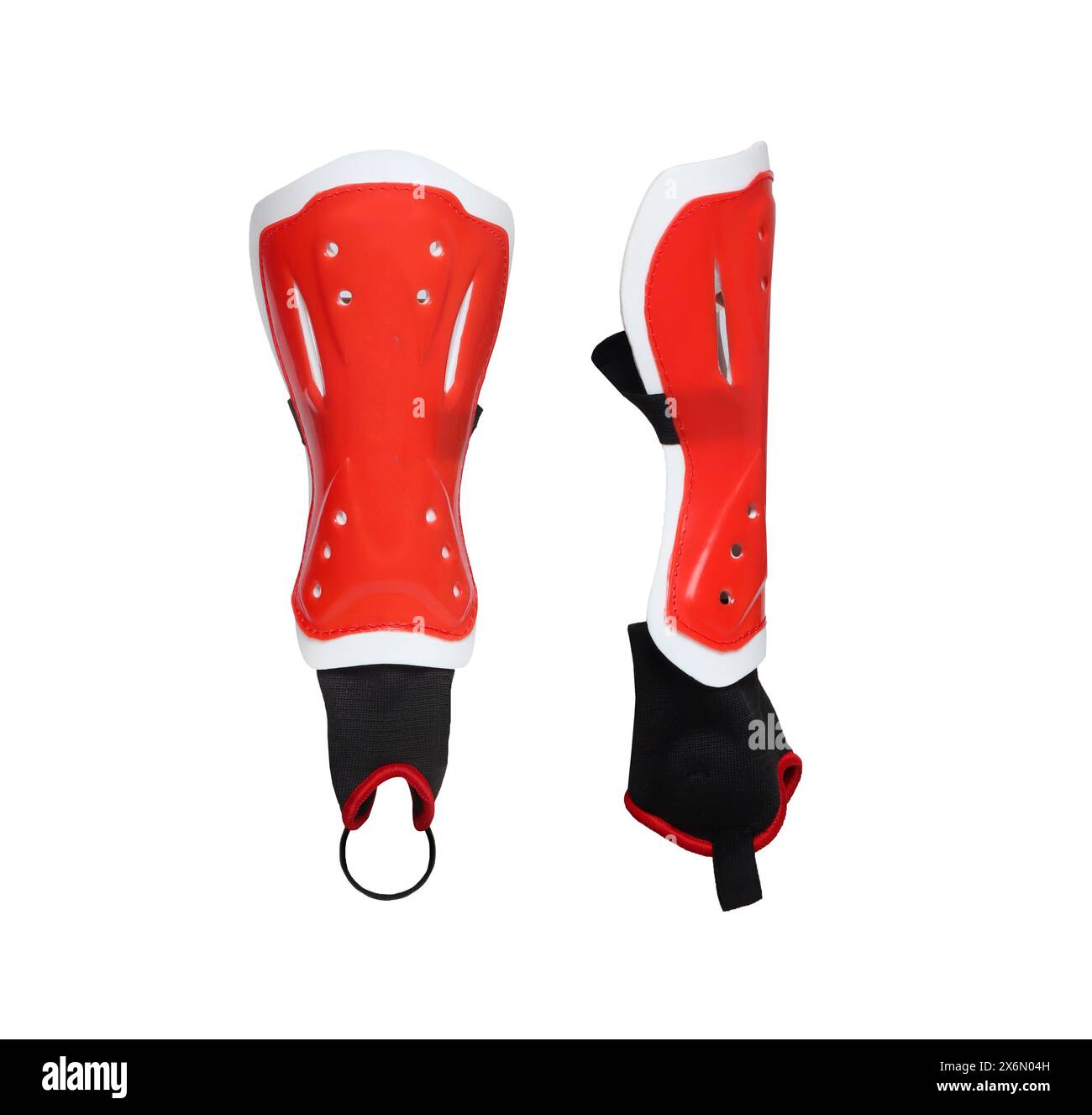 red shin guards pair isolated on white background Stock Photo - Alamy