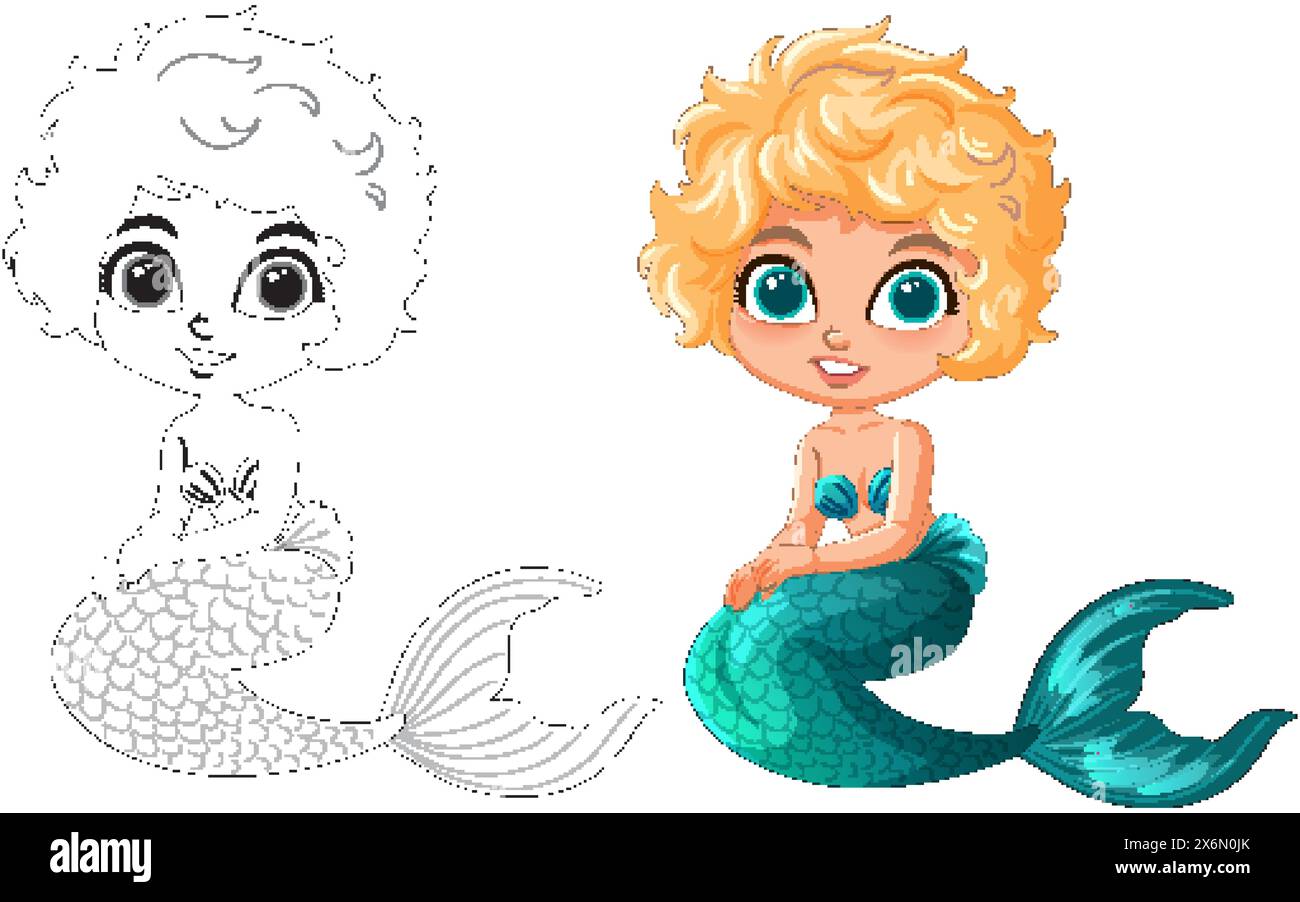 Two mermaid characters, one colored, one line art Stock Vector Image ...