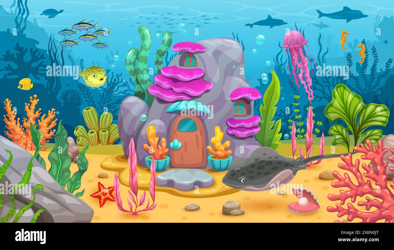 Underwater game landscape with fairytale house, rocks, cartoon animals ...