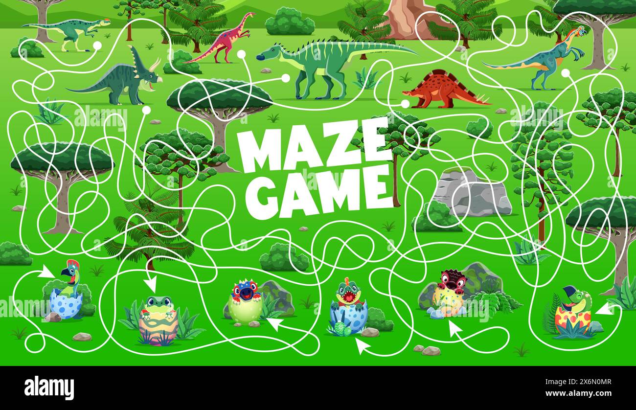 Kids labyrinth maze game, help to dinosaurs find them kids. Cartoon ...