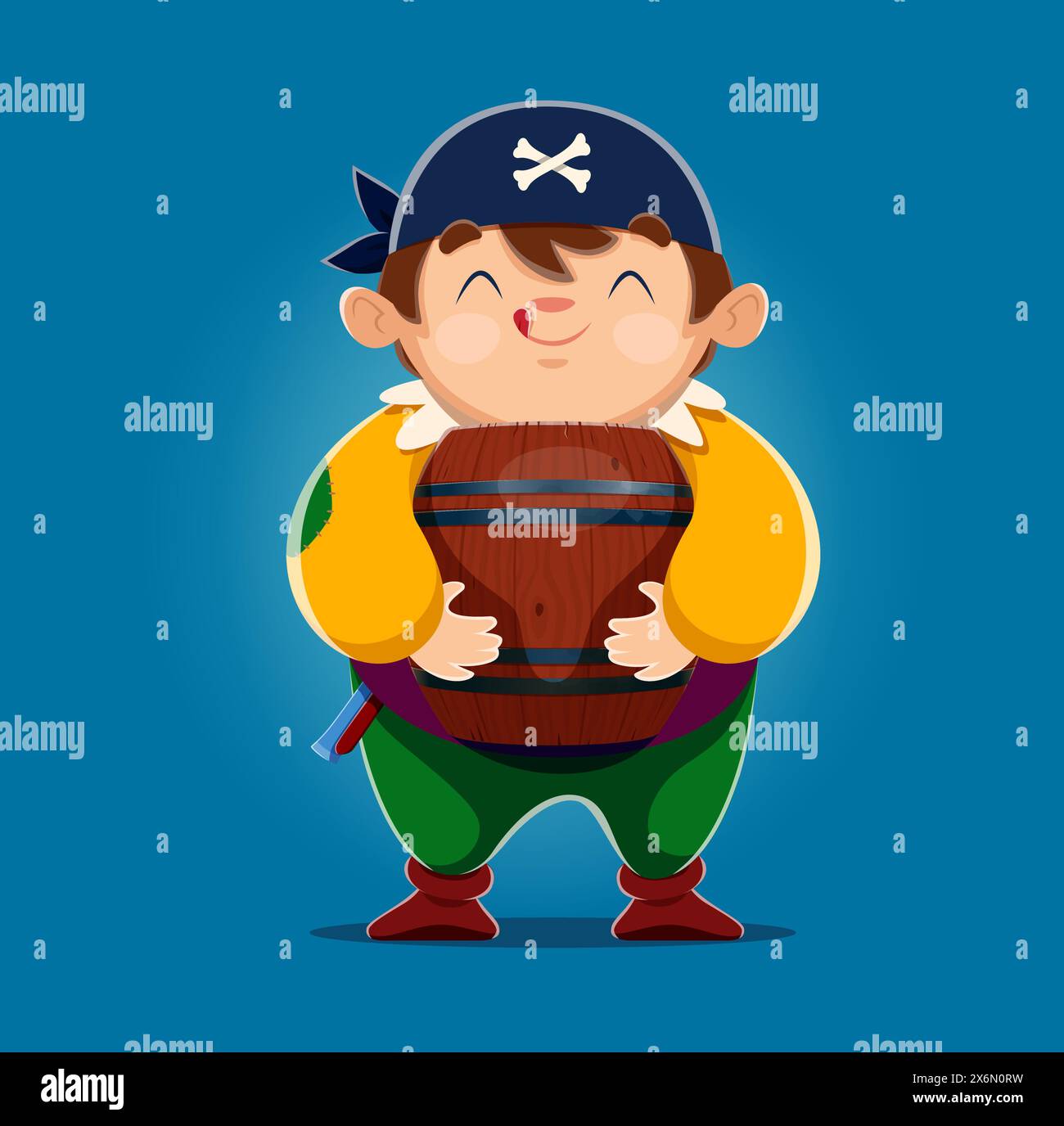 Cartoon kid boy pirate character with wooden barrel. Vector little ...