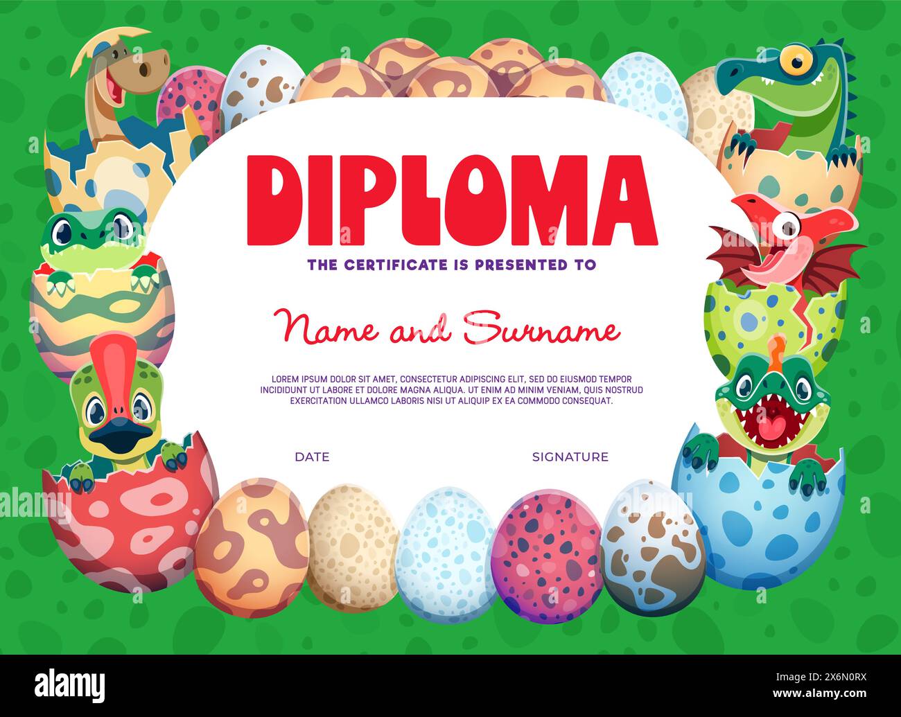 Kid diploma with funny prehistoric dino characters in eggs. Vector ...