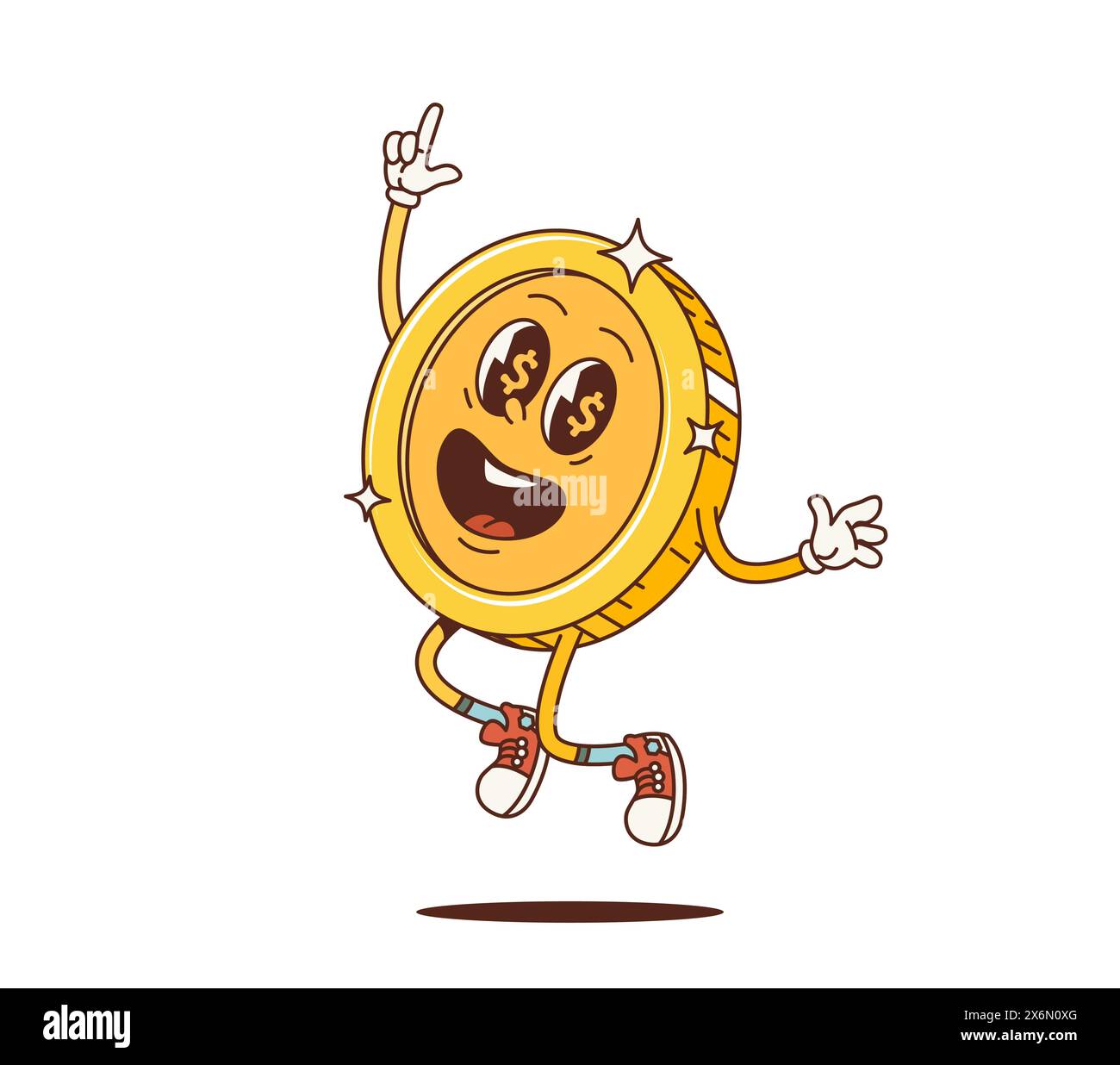 Cartoon retro groovy retro golden coin character with funky face smile ...
