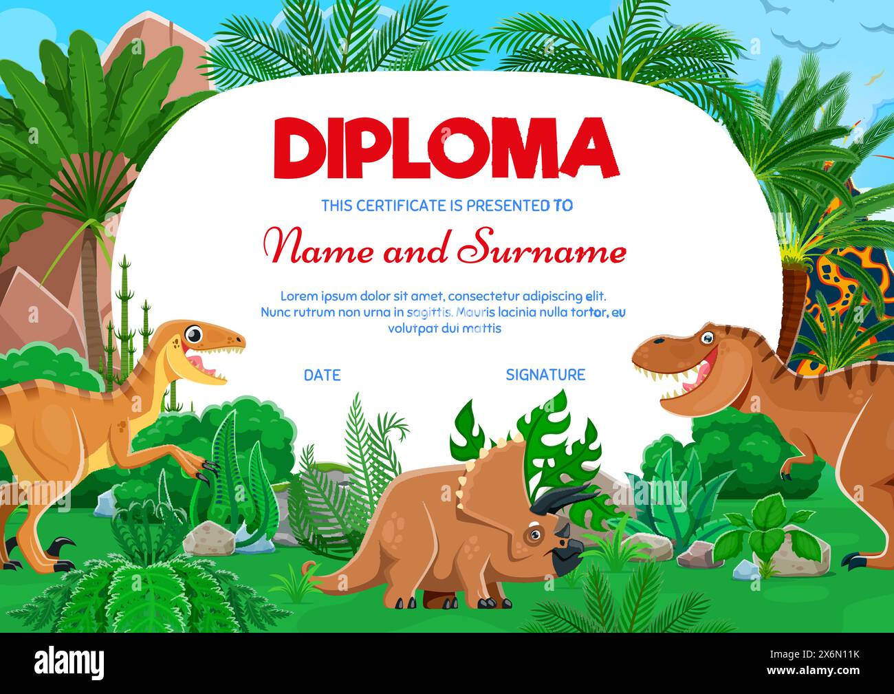 Kids diploma, cartoon dinosaurs in tropical jungle forest. Children ...