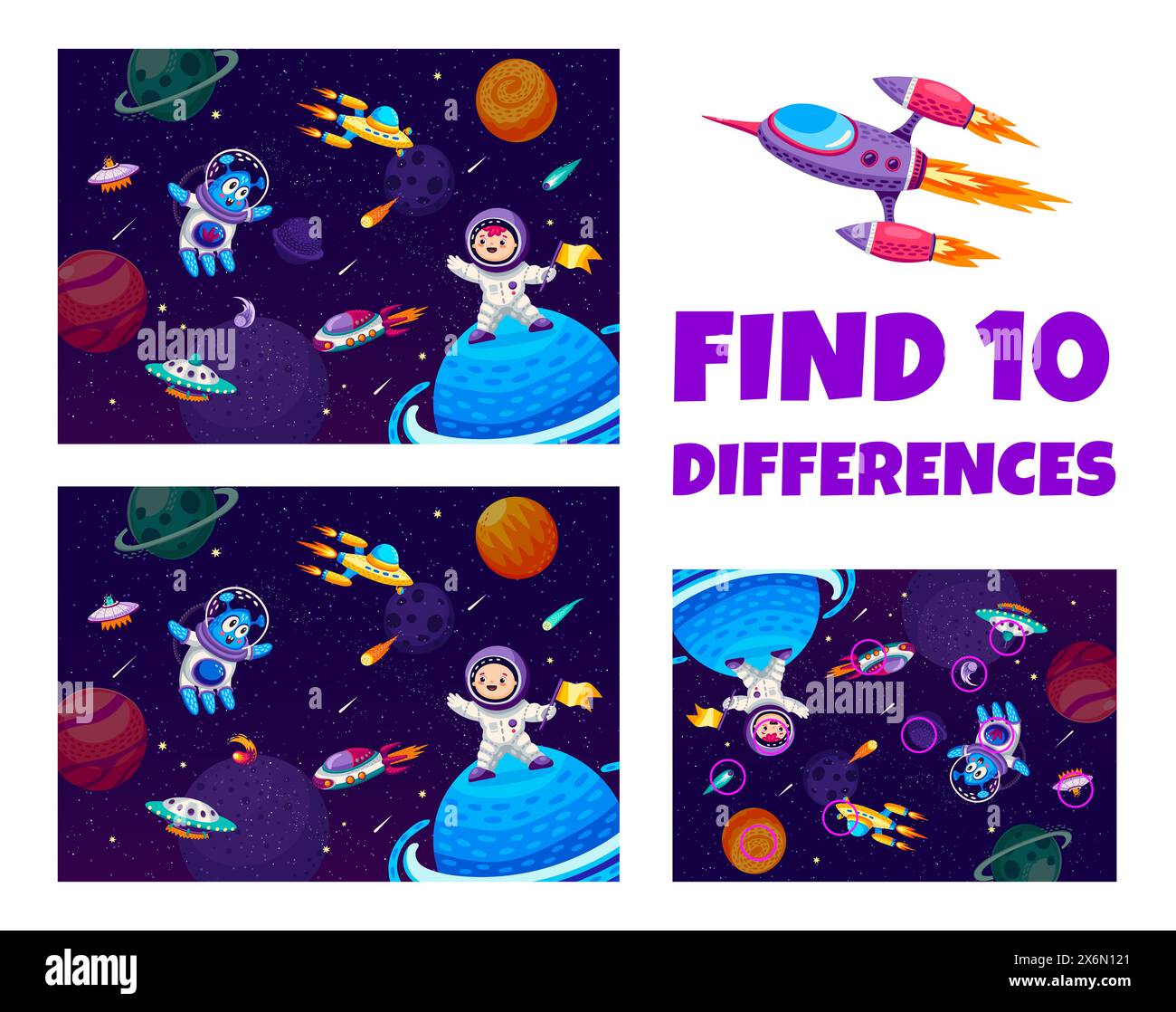 Kids game to find ten differences on galaxy space landscape, vector ...