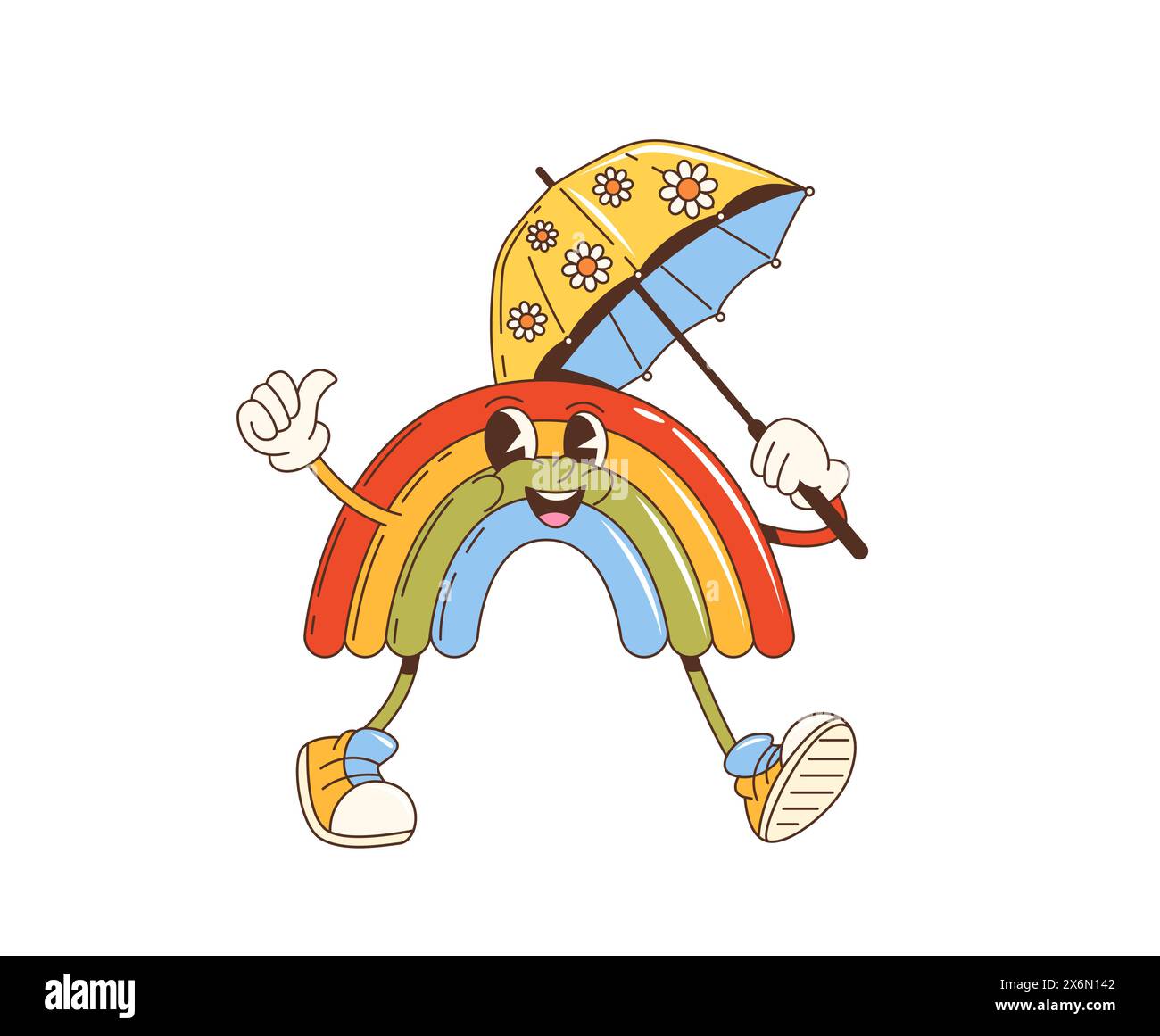 Cartoon groovy rainbow character with umbrella. Isolated vector joyful ...