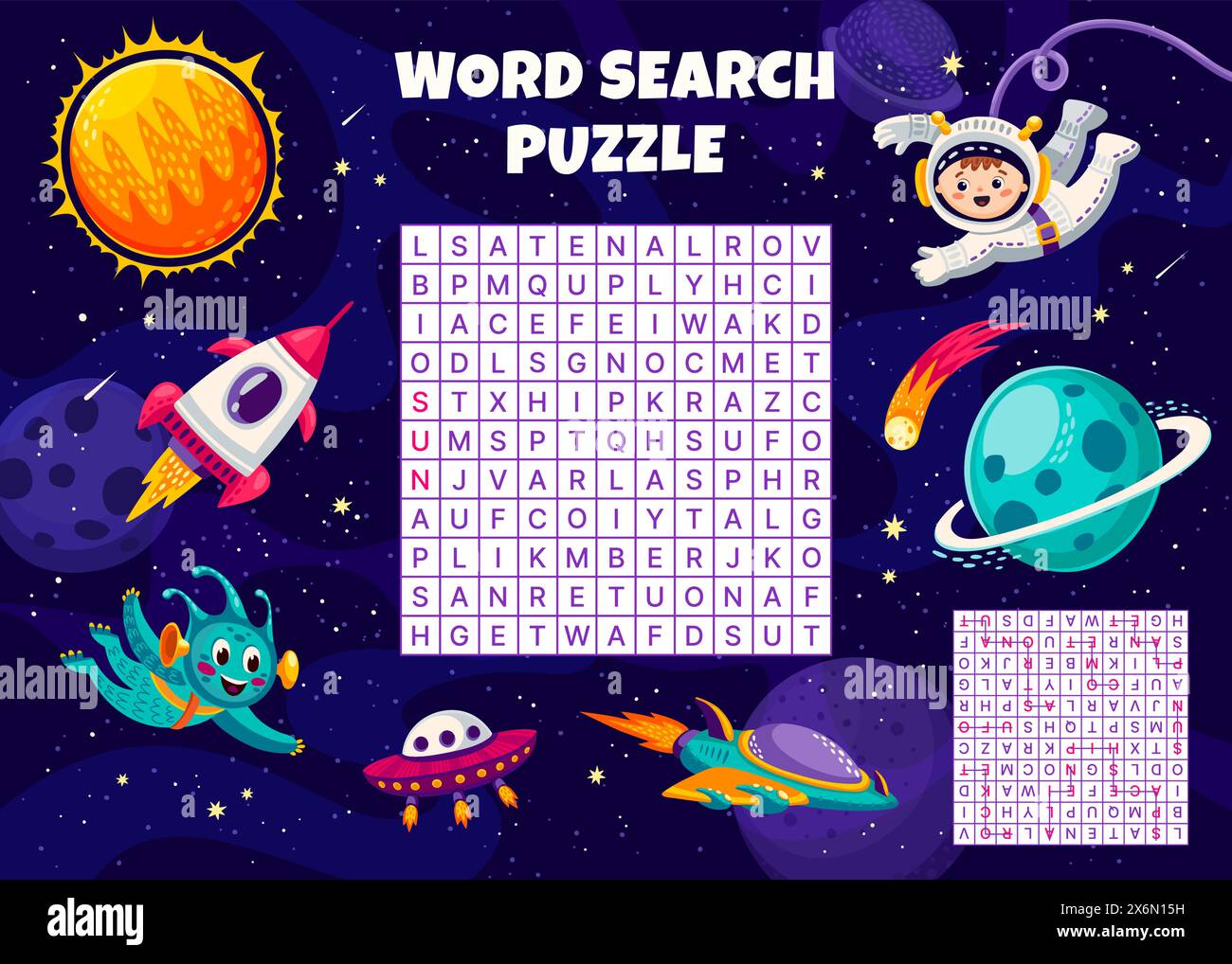 Space word search puzzle game with galaxy planets and kid astronaut ...