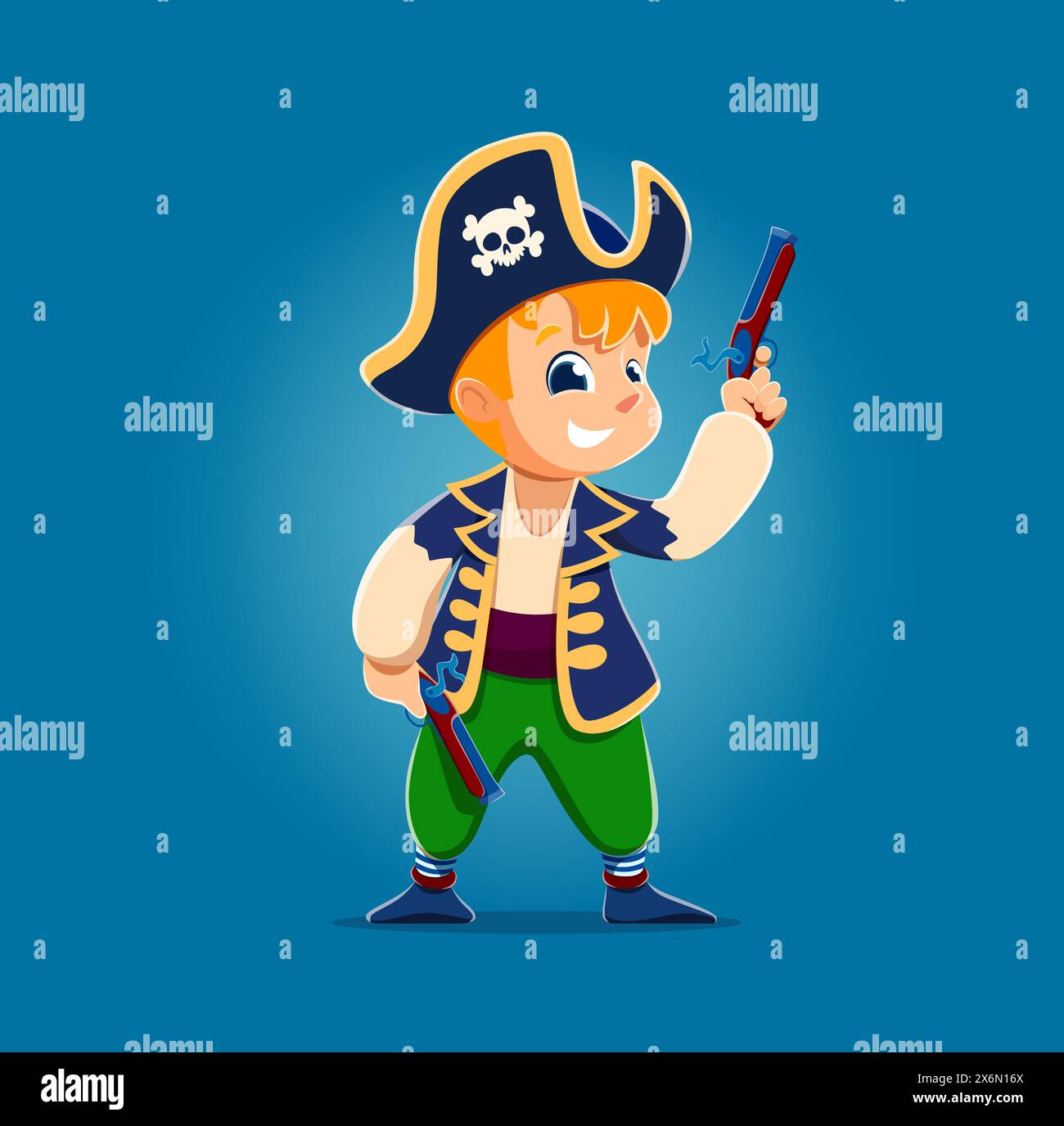 Cartoon funny kid boy pirate corsair with pistols. Vector playful young child dressed as a sea ...