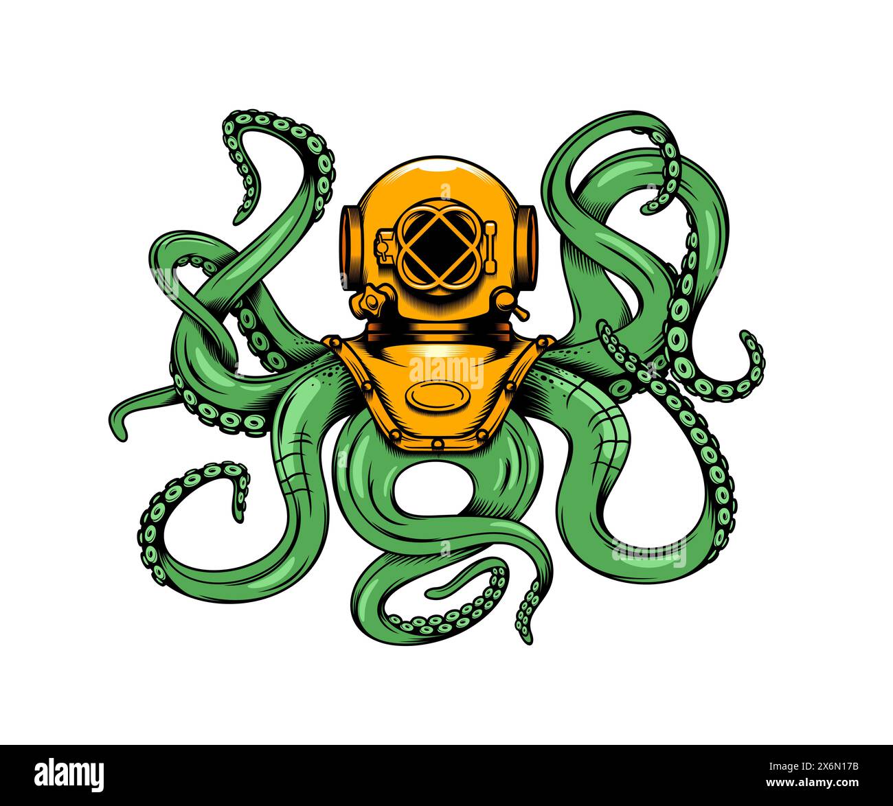 Octopus with tentacles and diver helmet in sketch doodle art for tattoo ...