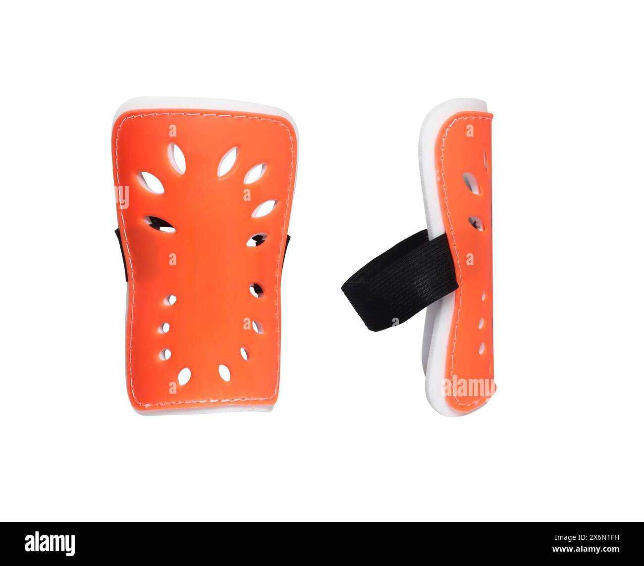 orange shin guards pair isolated on white background Stock Photo - Alamy