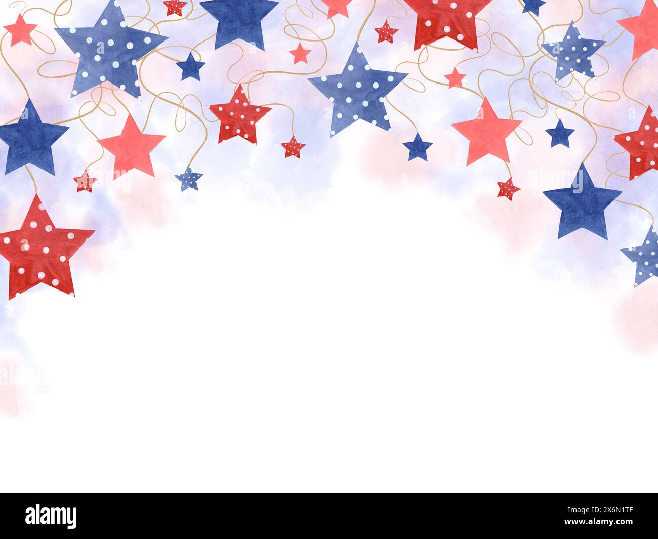 Red, blue stars on golden threads. Colored stars on watercolor texture ...