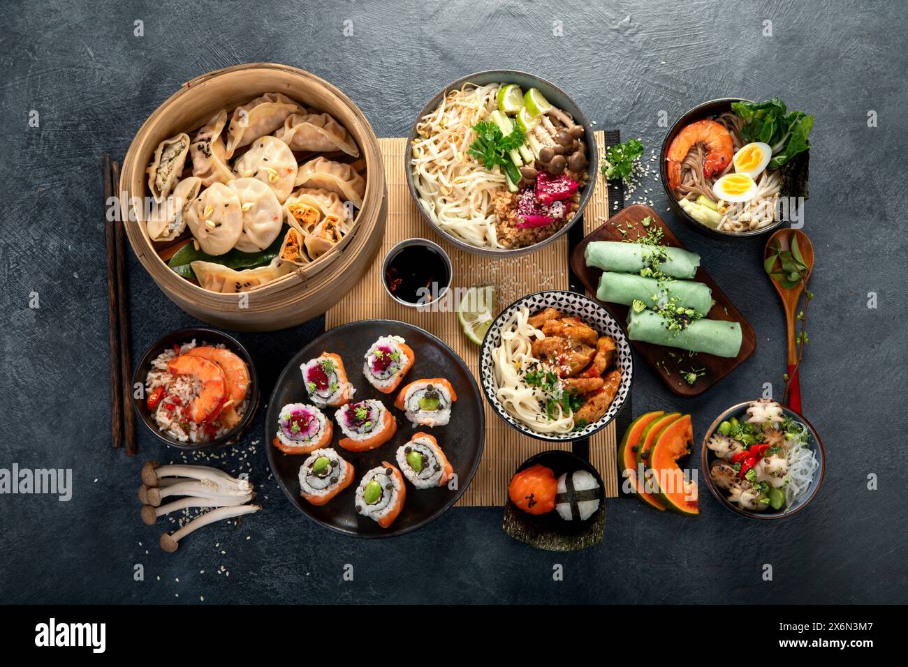 Assorted Chinese food set. Chinese noodles, fried rice, dumplings, dim ...