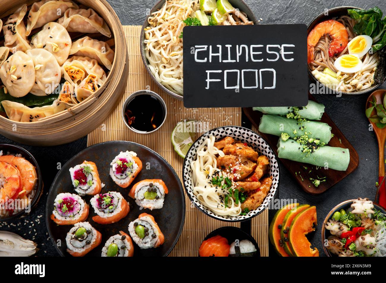 Assorted Chinese food set. Chinese noodles, fried rice, dumplings, dim ...