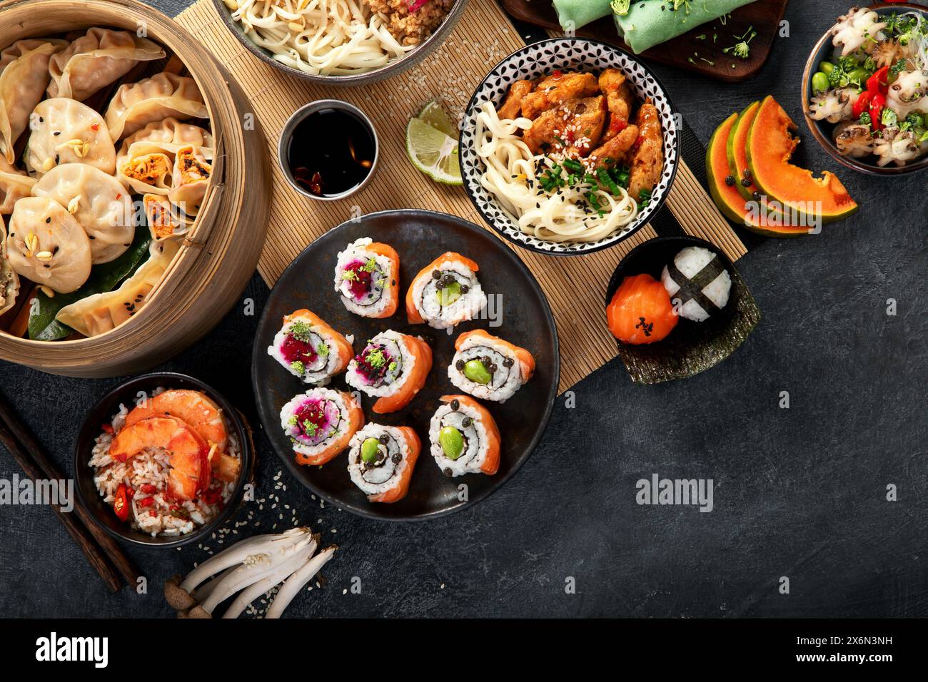 Assorted Chinese food set. Chinese noodles, fried rice, dumplings, dim ...