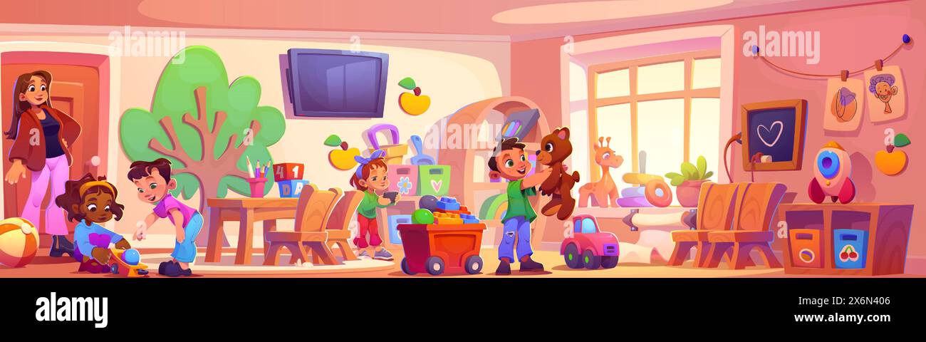 Kindergarten room interior with little kids playing with toys and woman ...