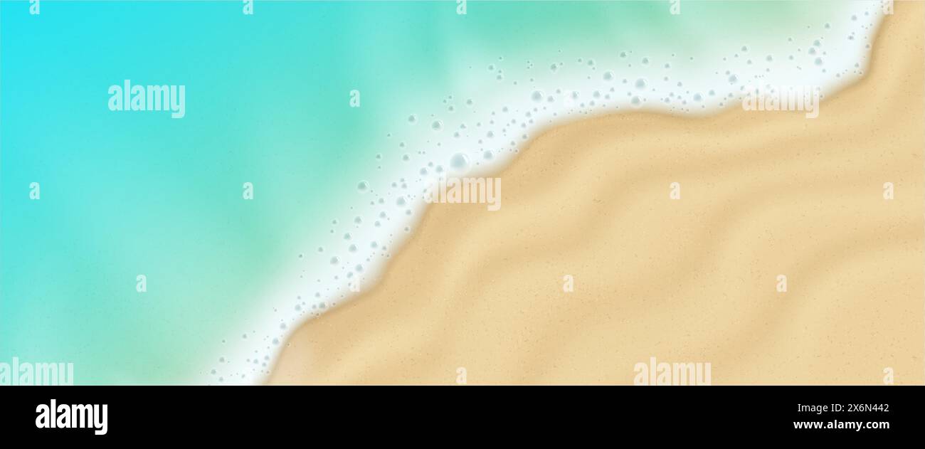 Sea or ocean beach with sand and blue water wave with white foam top ...