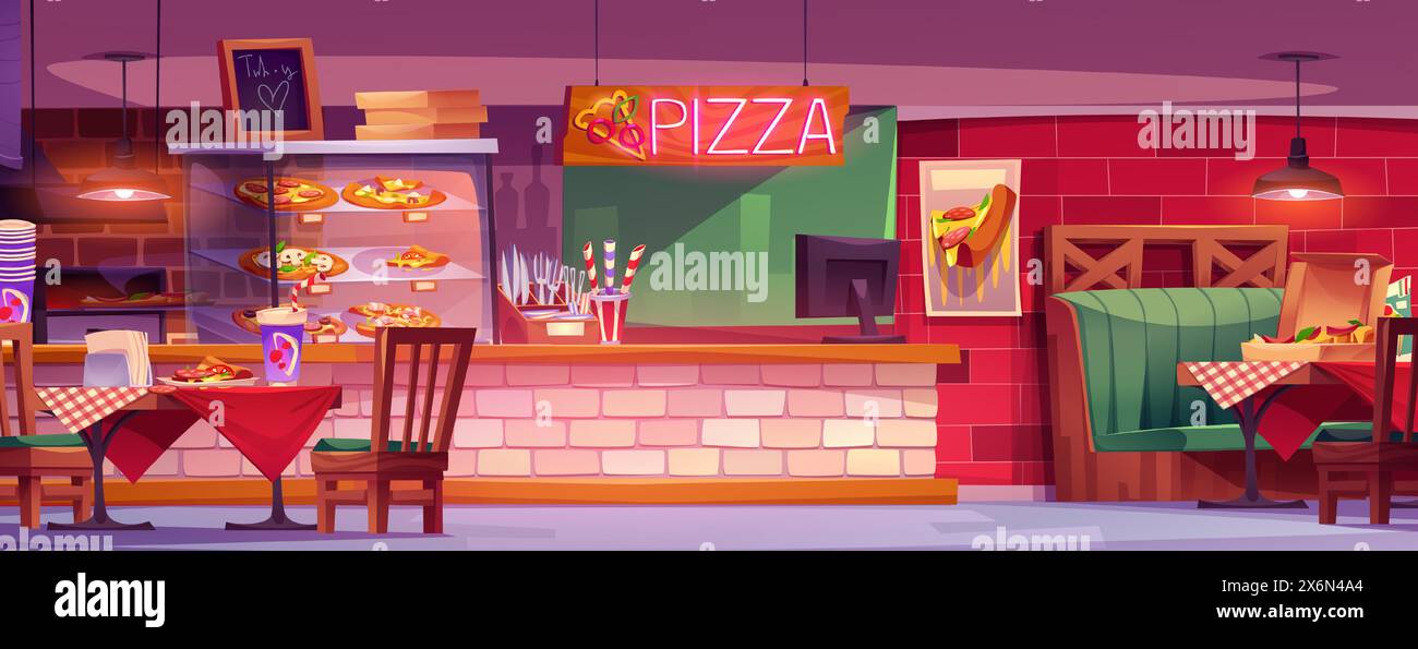 Pizza restaurant interior. Italian cafe background. Pizzeria shop room ...
