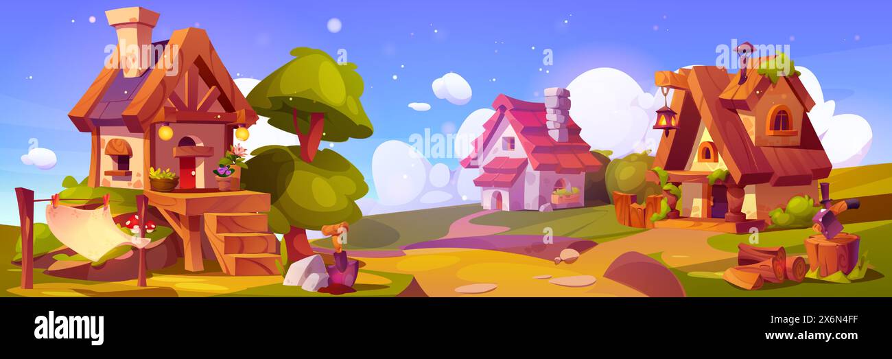 Cute fairytale village with house on road cartoon background. Summer ...