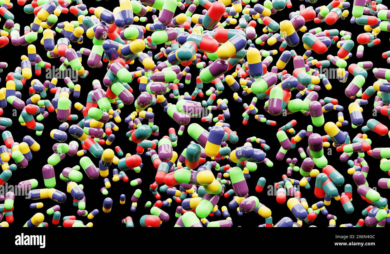 Many different colored tablets or pills fall from above - 3D ...