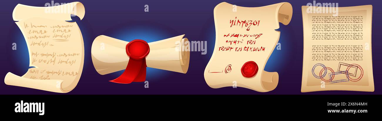 Ancient parchment scroll and paper page with text, ribbon and stamp ...