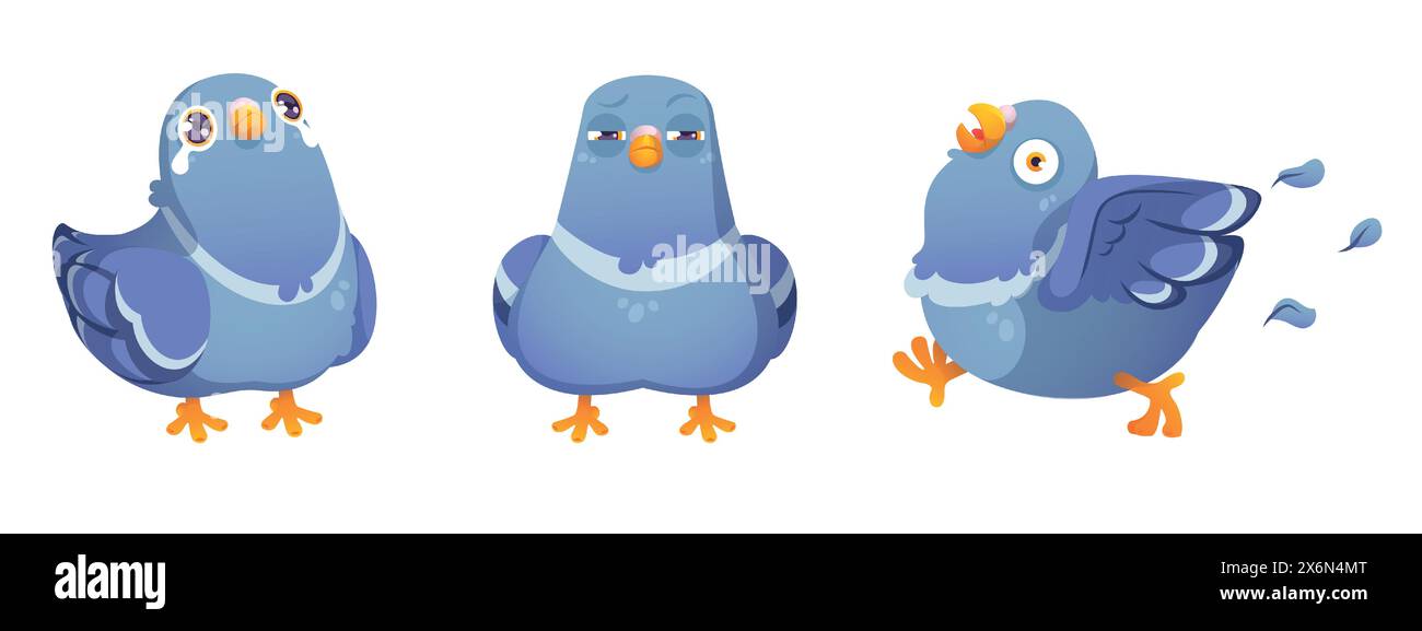 Cute pigeon cartoon character in different poses and with face emotions ...