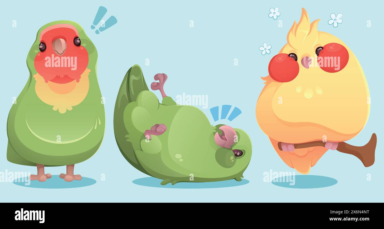 Cute green parrot character cartoon. Jungle bird illustration set ...