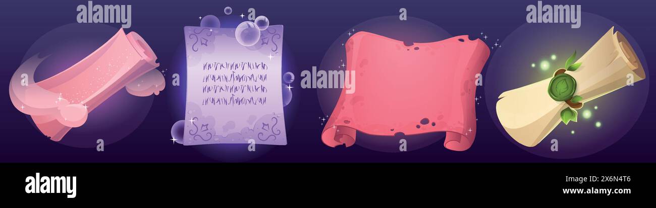 Magic parchment scrolls set isolated on background. Vector cartoon ...