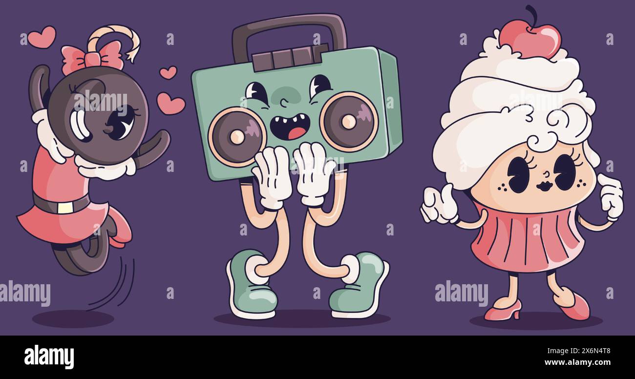 Retro cartoon characters collection of musical boombox, bomb and ...