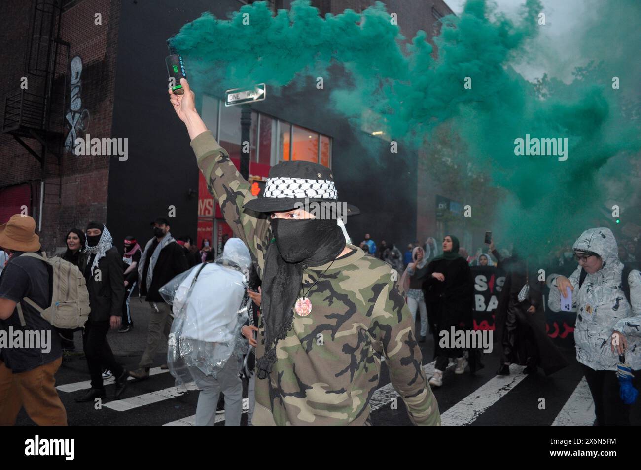 A pro-Palestine demonstrator carries a canister releasing green smoke ...
