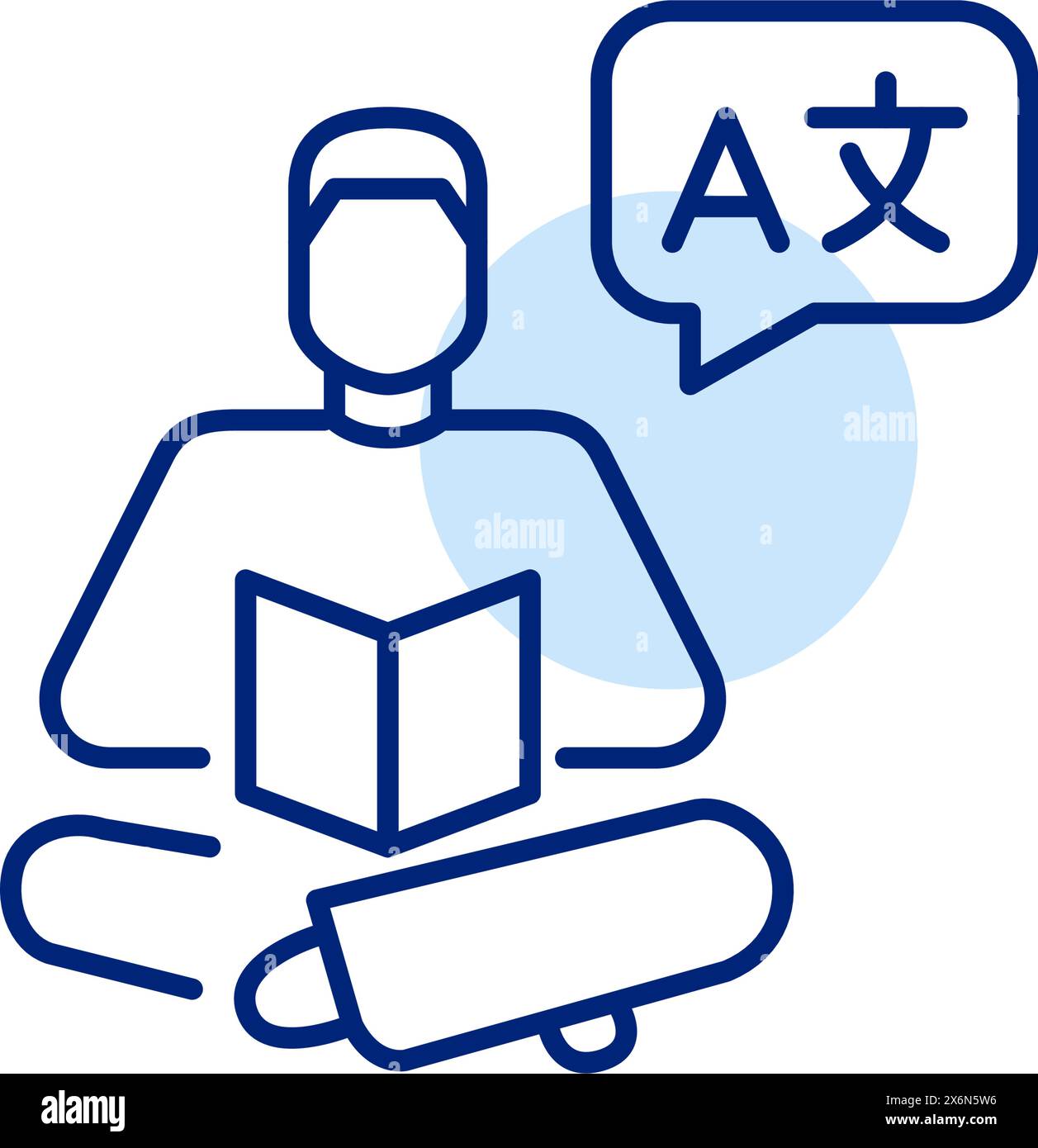 Man reading a book with language symbols speech bubble. Learning ...