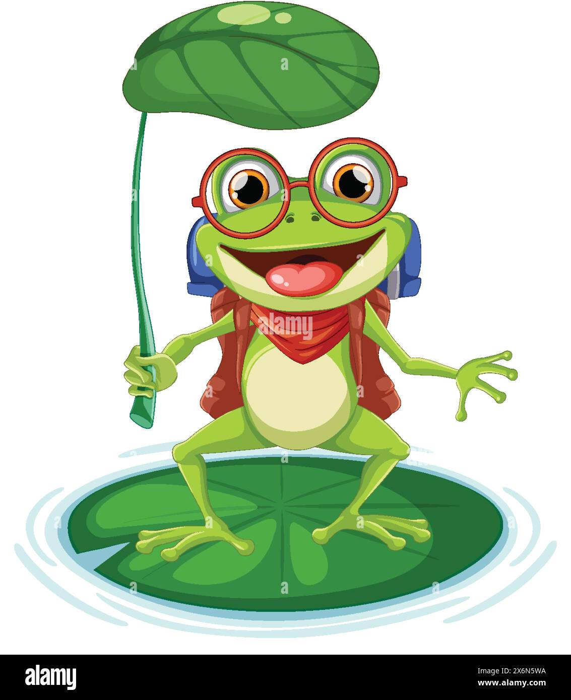 Colorful frog holding a leaf umbrella, standing on water Stock Vector ...