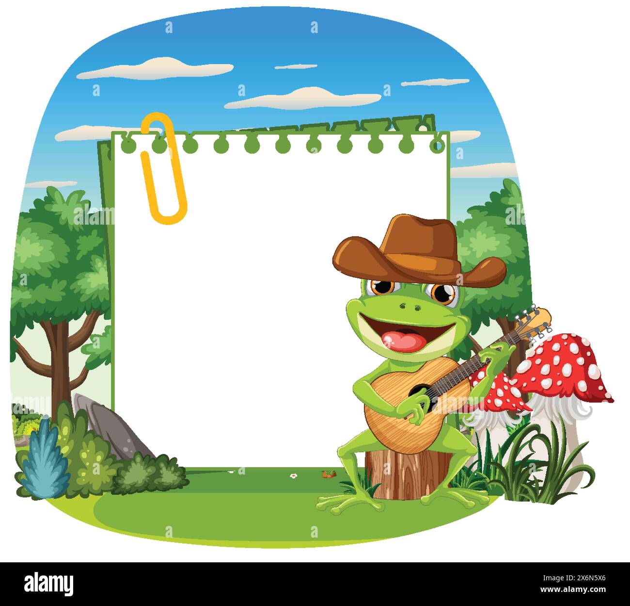 Cartoon frog with guitar under a notepad banner Stock Vector Image ...