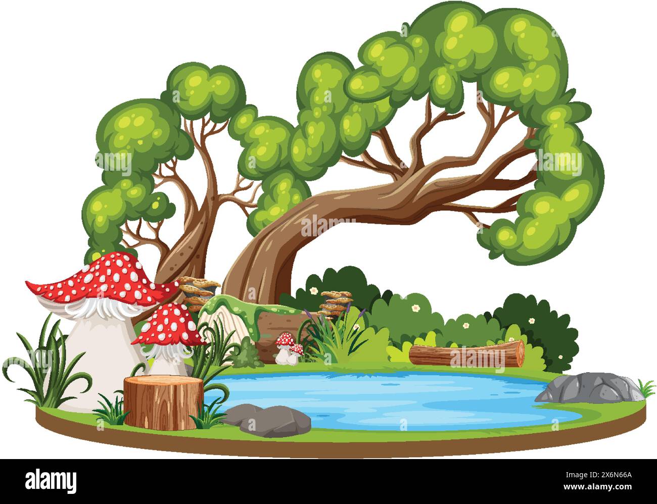 Colorful illustration of a serene forest pond scene Stock Vector Image ...
