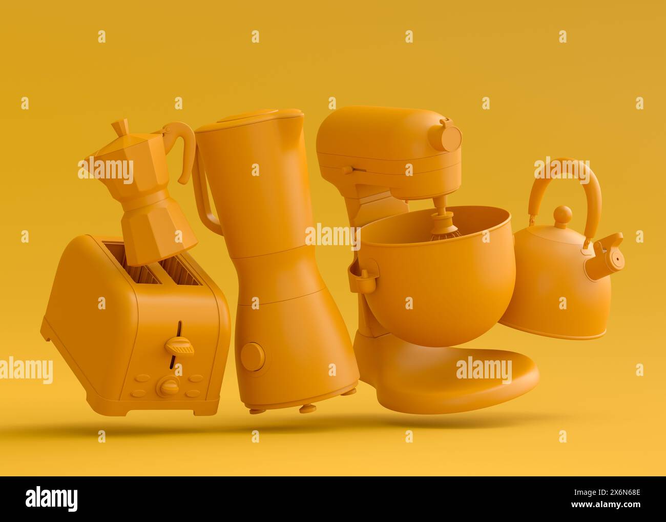 Electric kitchen appliances and utensils for making culinary on yellow ...