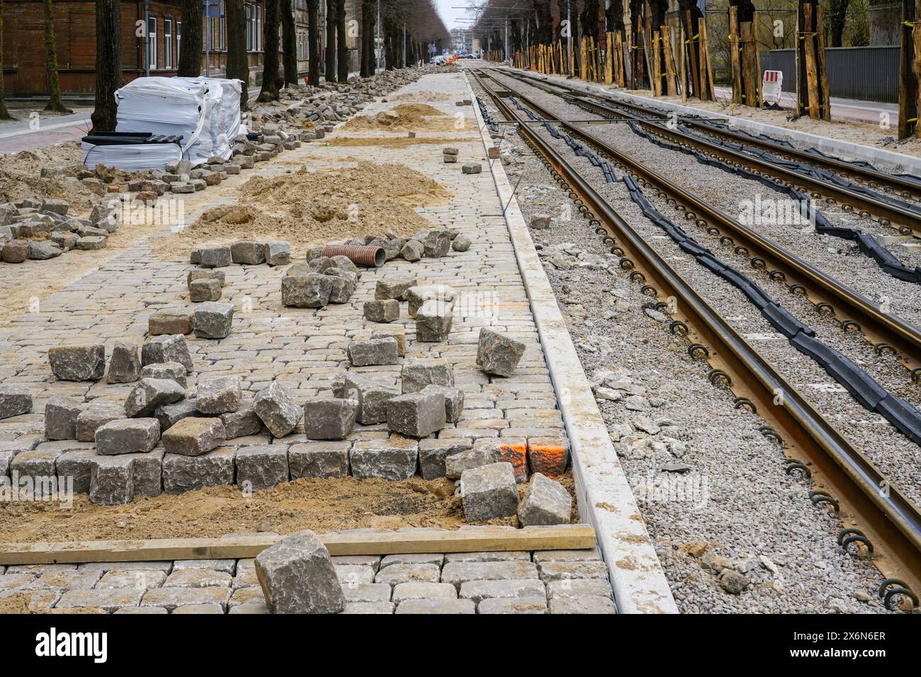 Perspective view of street reconstruction, tree trunks protection with ...
