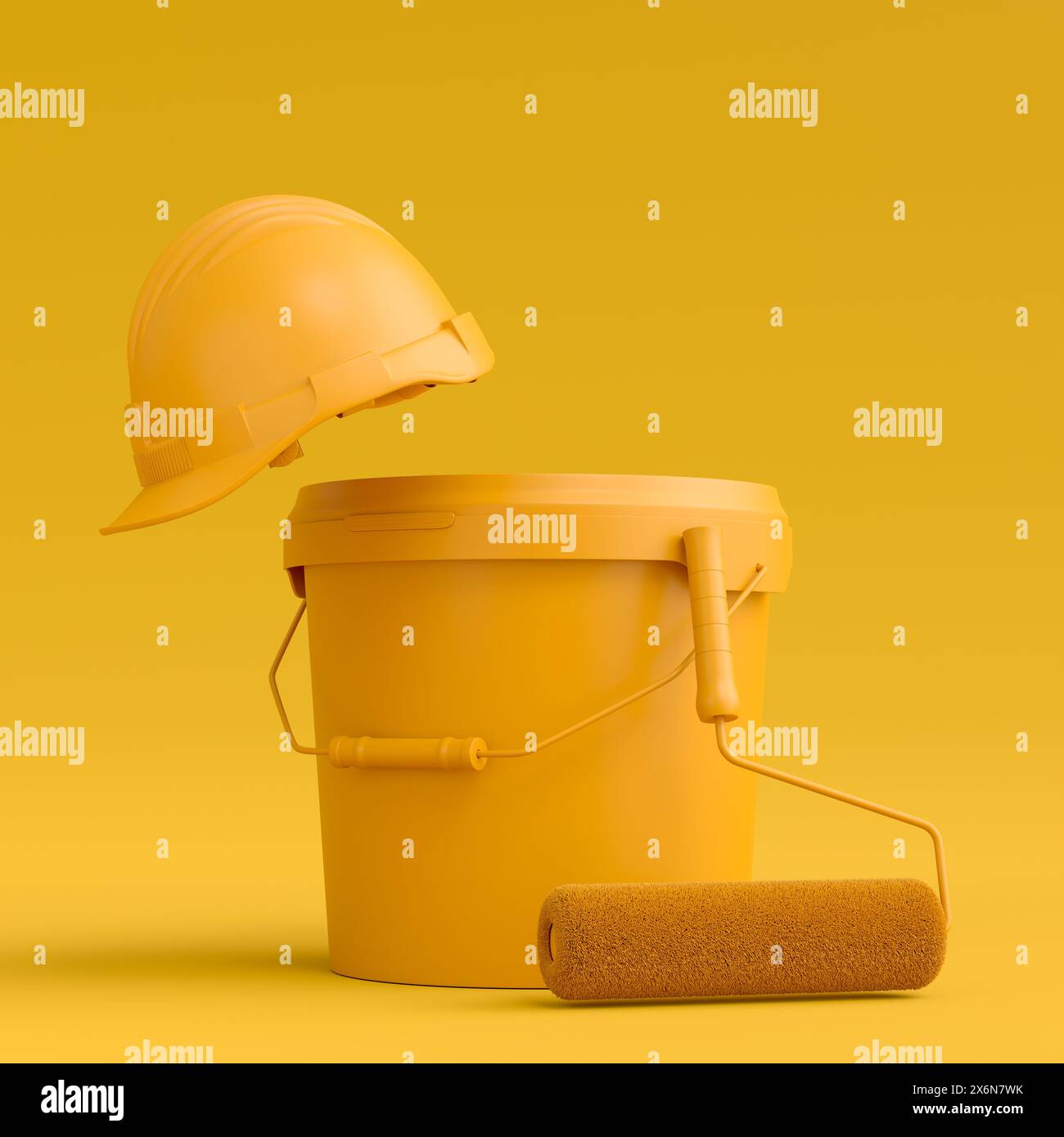 Set of safety helmet, bucket with paint rollers and brushes on ...