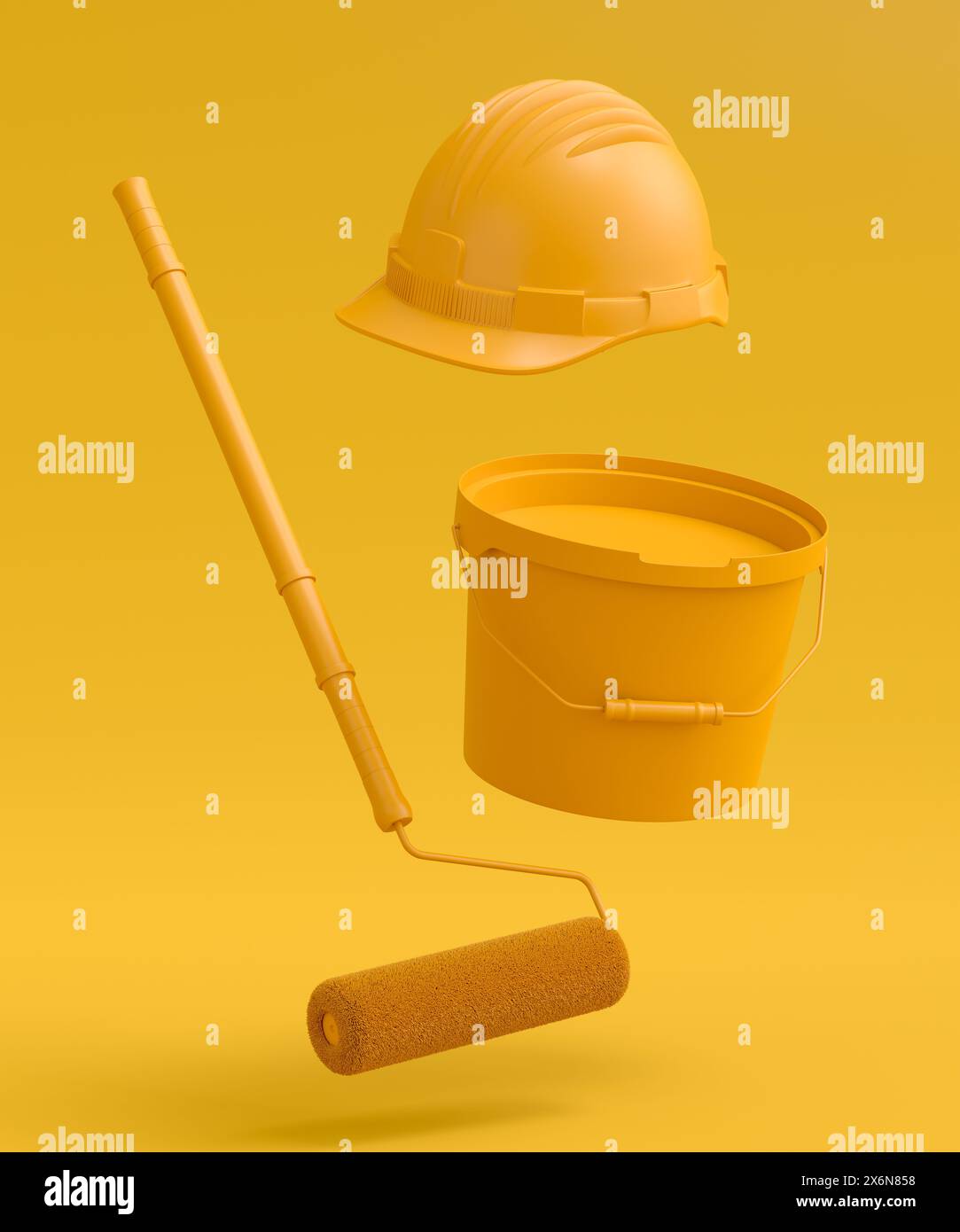 Set of safety helmet, bucket with paint rollers and brushes on ...