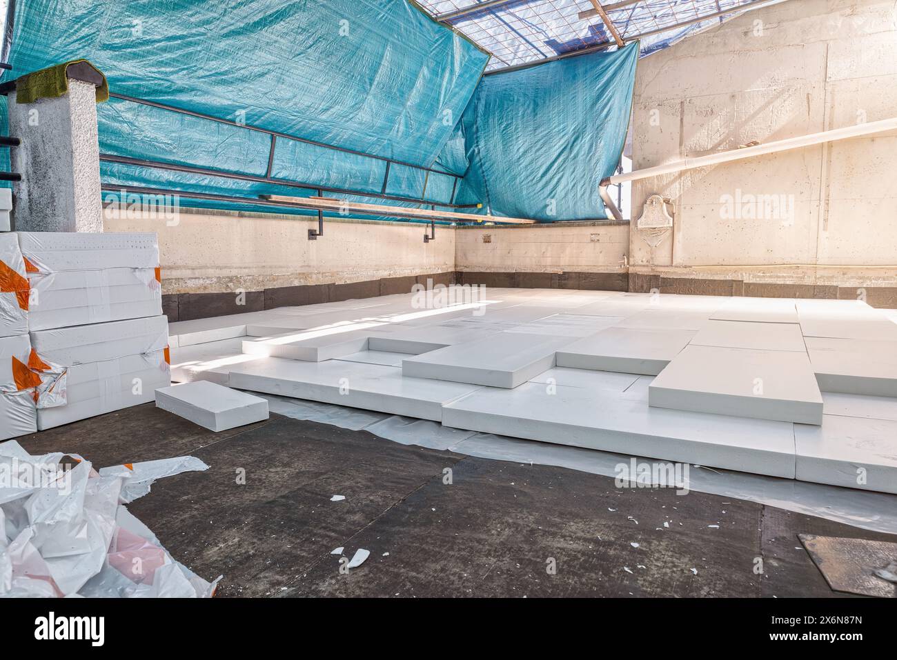 Styrofoam insulation sheets on house terrace with roof function for ...