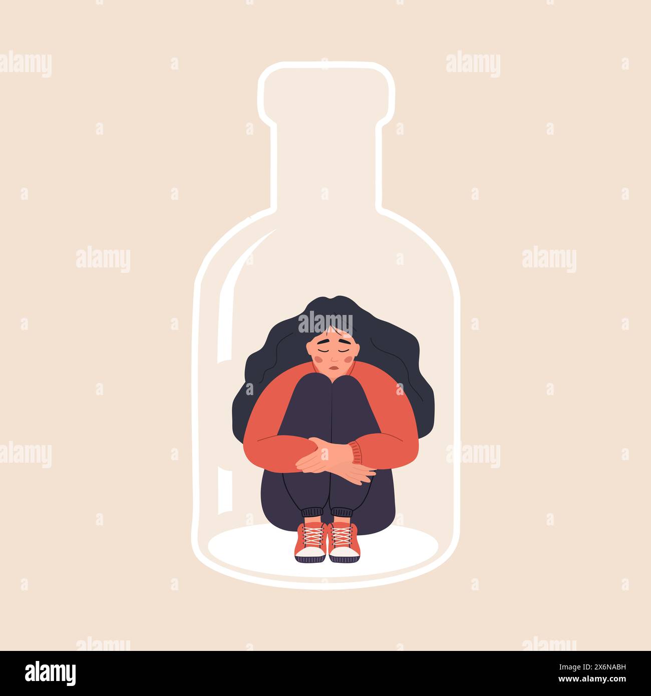 Alcoholism concept. Depressed Woman sitting on bottom of bottle and ...