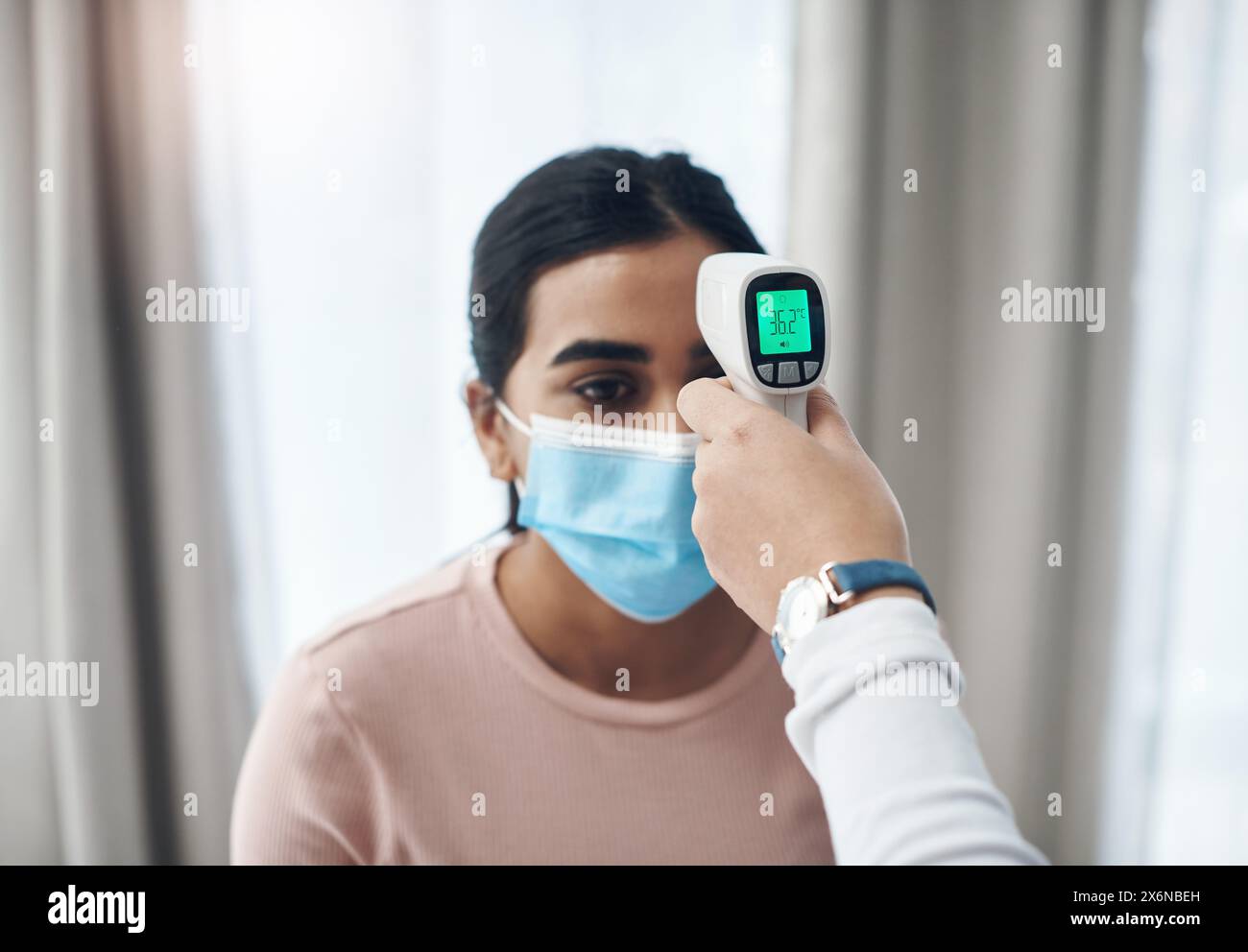 Girl, sick and doctor with digital thermometer to monitor temperature ...