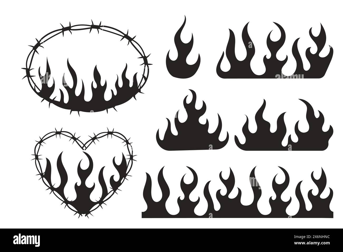 Set Wire Barb heart, oval frame y2k tattoo border, flame silhouette ...