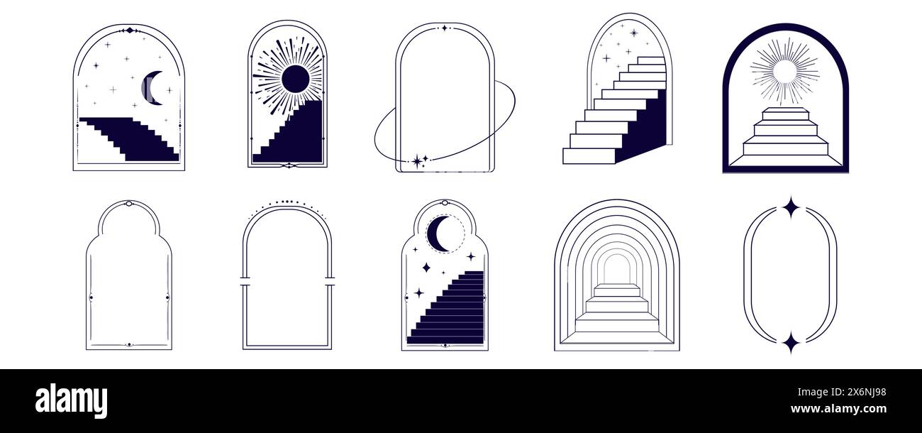 Thin line arch frame door stairs, sun and stars collection, mystic ...
