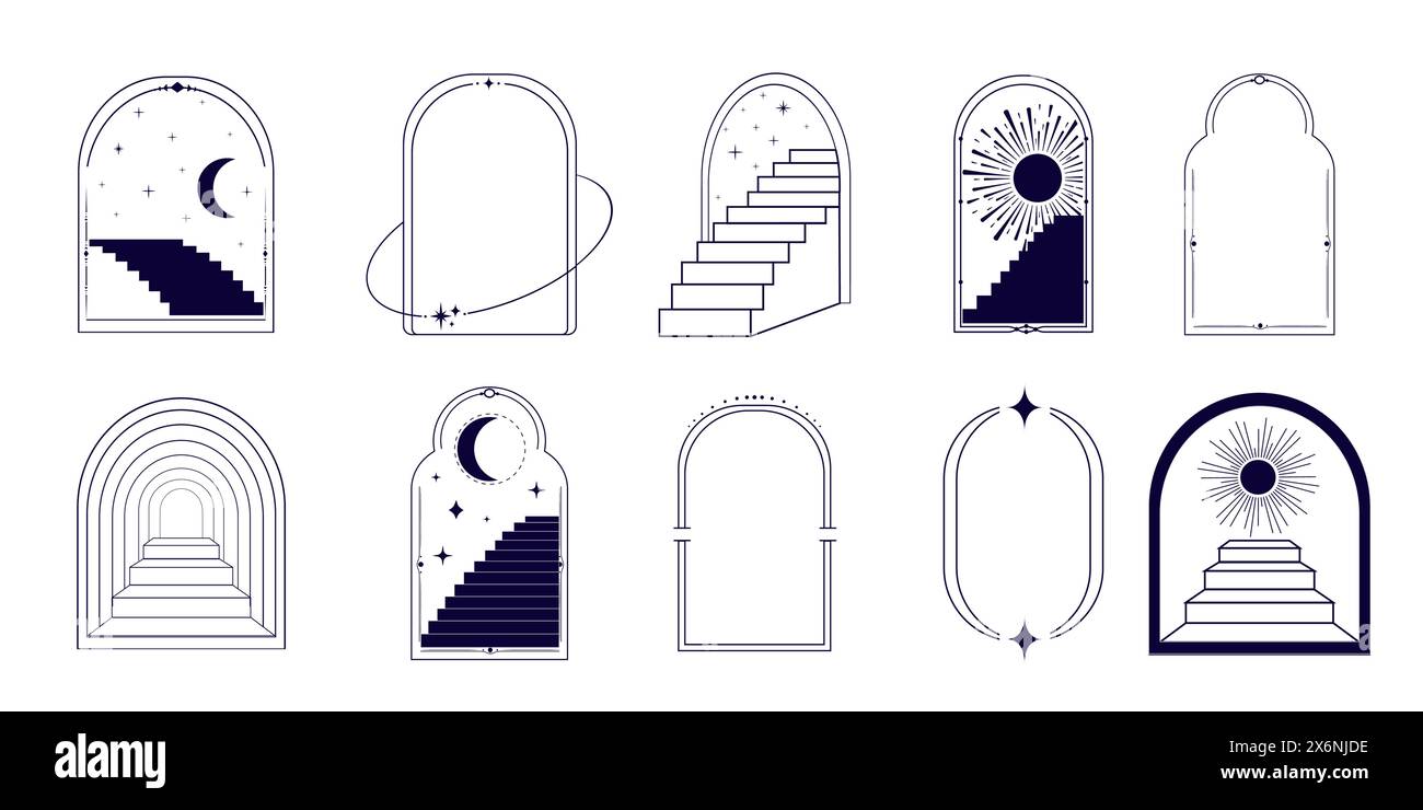 Thin line arch frame door stairs, sun and stars collection, mystic ...
