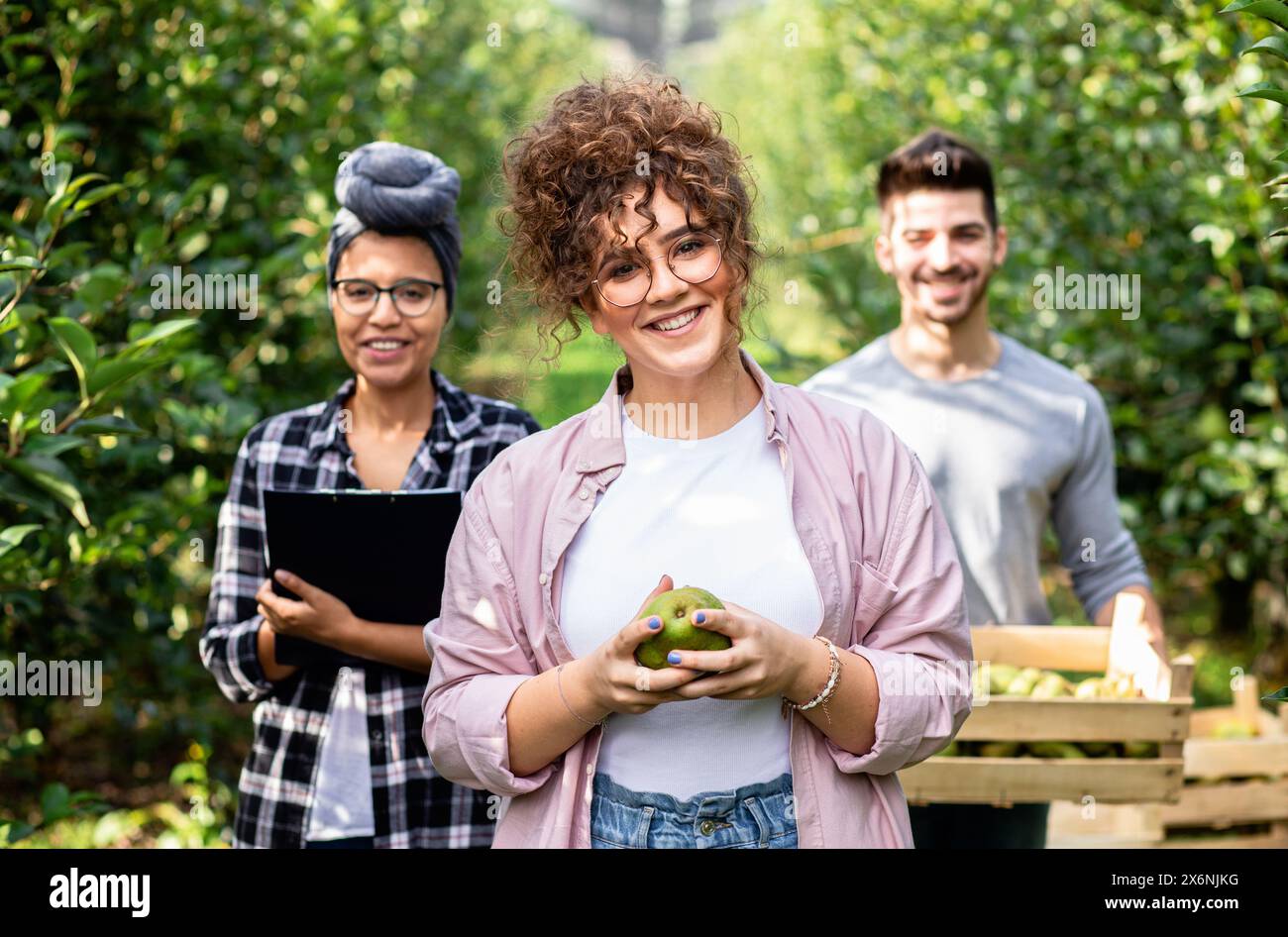 Portrait of three young farmers in pears orchard Stock Photo - Alamy