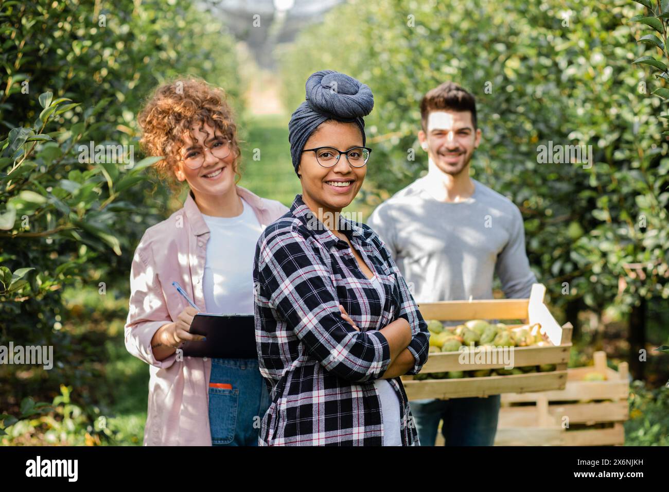 Portrait of three young farmers in pears orchard Stock Photo - Alamy
