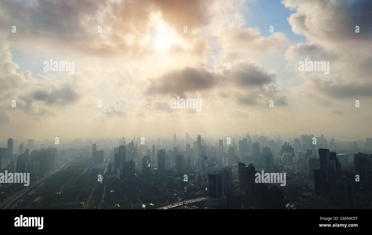 brightness heaven sky sun light rays above city metro building morning ...