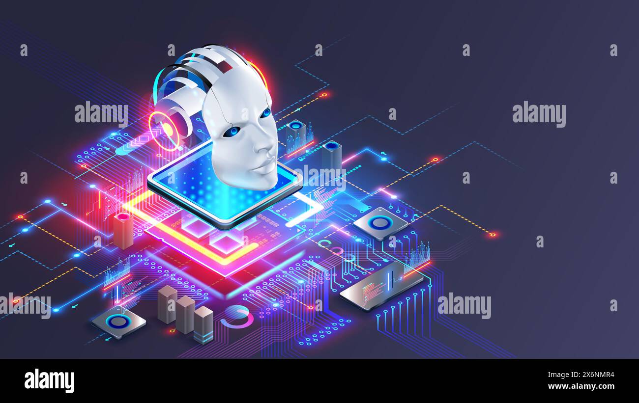 AI integrated in computer Processor. AI robot head or face over electronic chip or CPU on ...