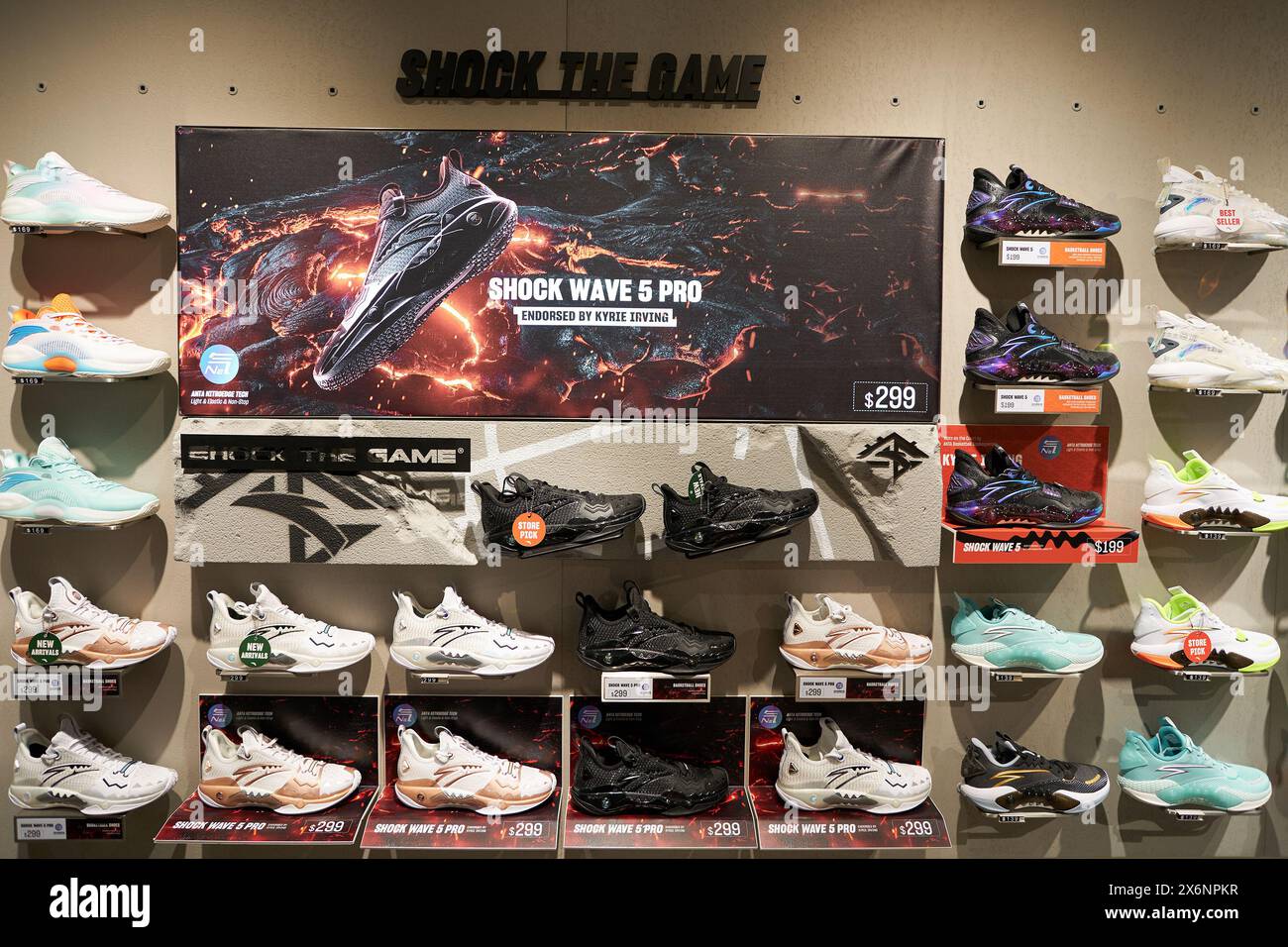 SINGAPORE - NOVEMBER 06, 2023: various footwear displayed inside Anta ...